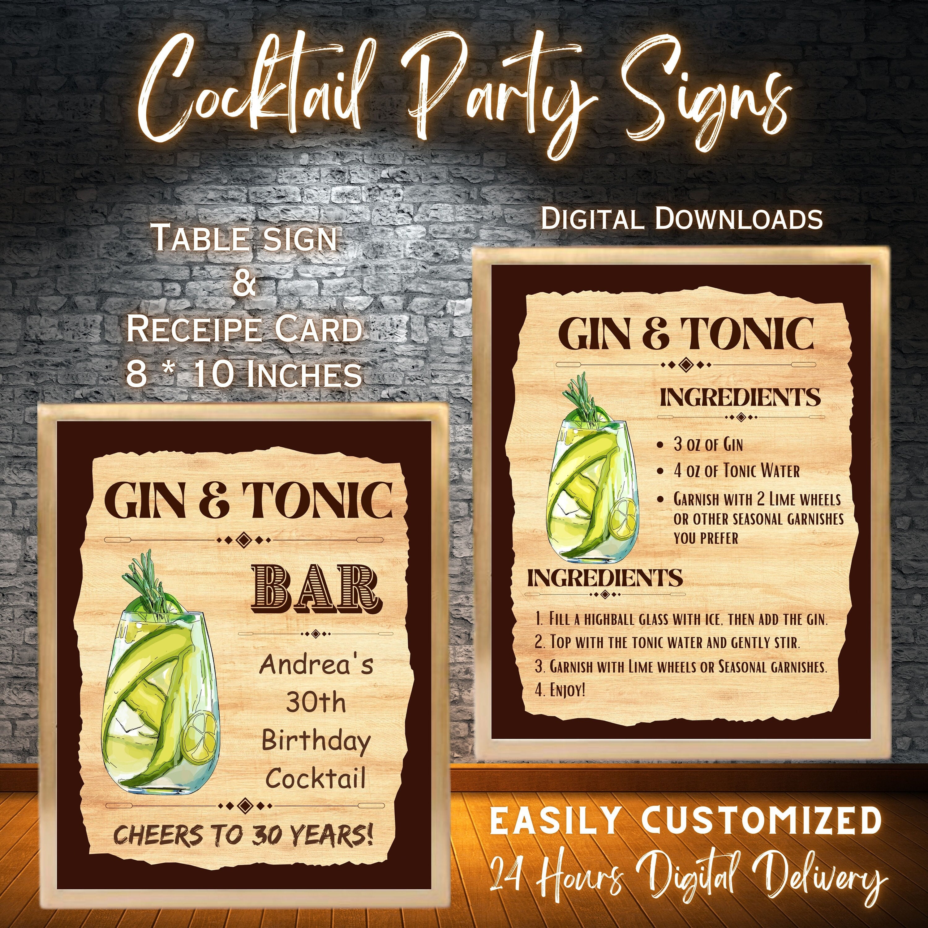 GIN & TONIC Bar Table Sign Recipe Card, Signature Drink, Diy COCKTAIL ...