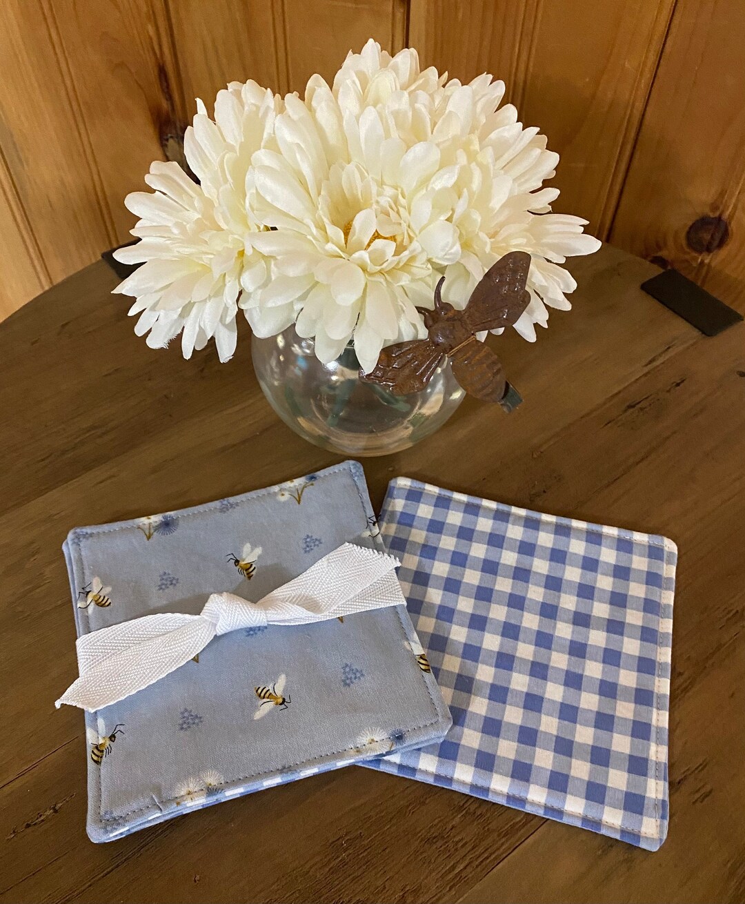 Quilted Fabric Coasters: Bee & Blue Check, Set of 2 - Etsy