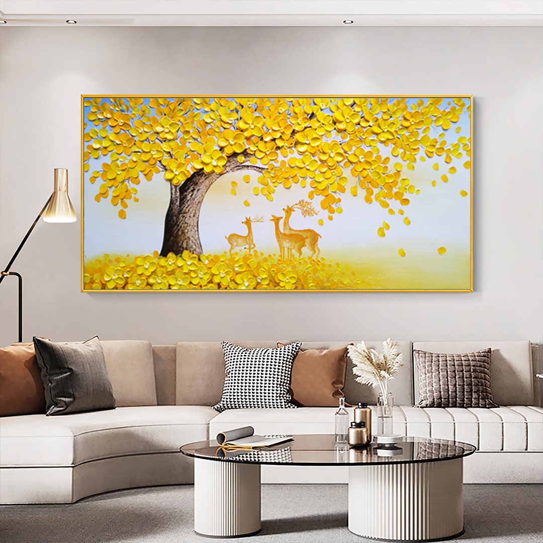 Abstract Big Yellow Tree on Canvas Sika Deer Painting Large Tree ...