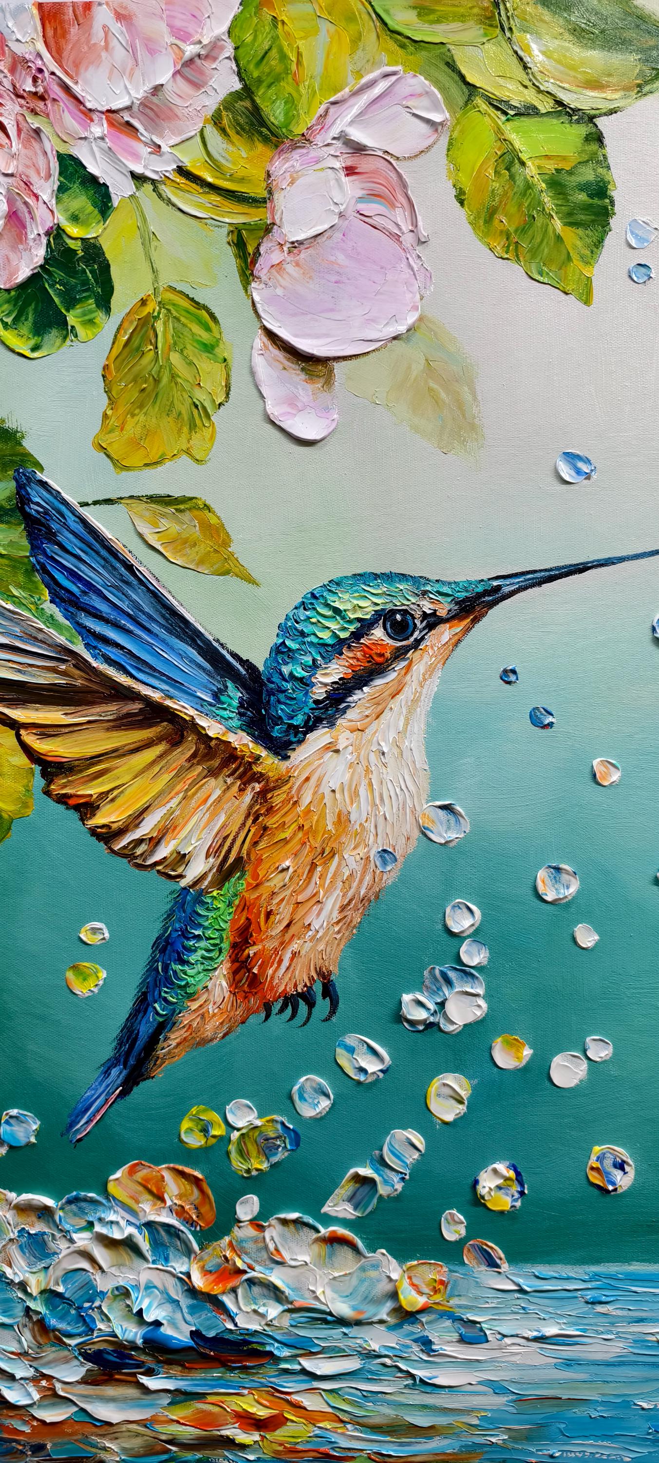 Original Animal Oil Painting Hummingbird Colorful Wall Art Living Room ...