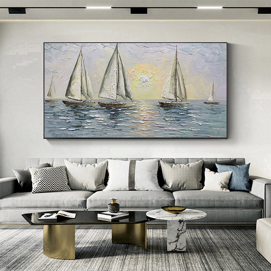 Abstract Sailboat Painting on Canvas, Sunrise Sailboat Art, Marine Art ...