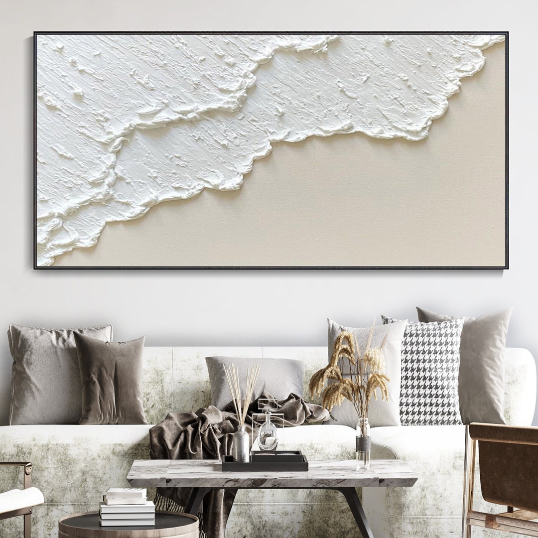 3D White Minimalist Textured Wall Art Beach Painting Ocean Wave Painting on Canvas Wabi-sabi ...