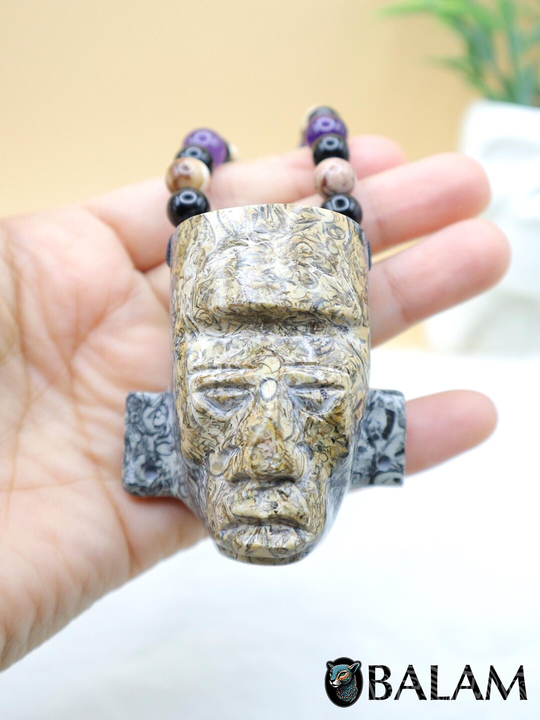 Fossil Mayan Mask Necklace, Aventurine Obsidian Beads, Protective ...