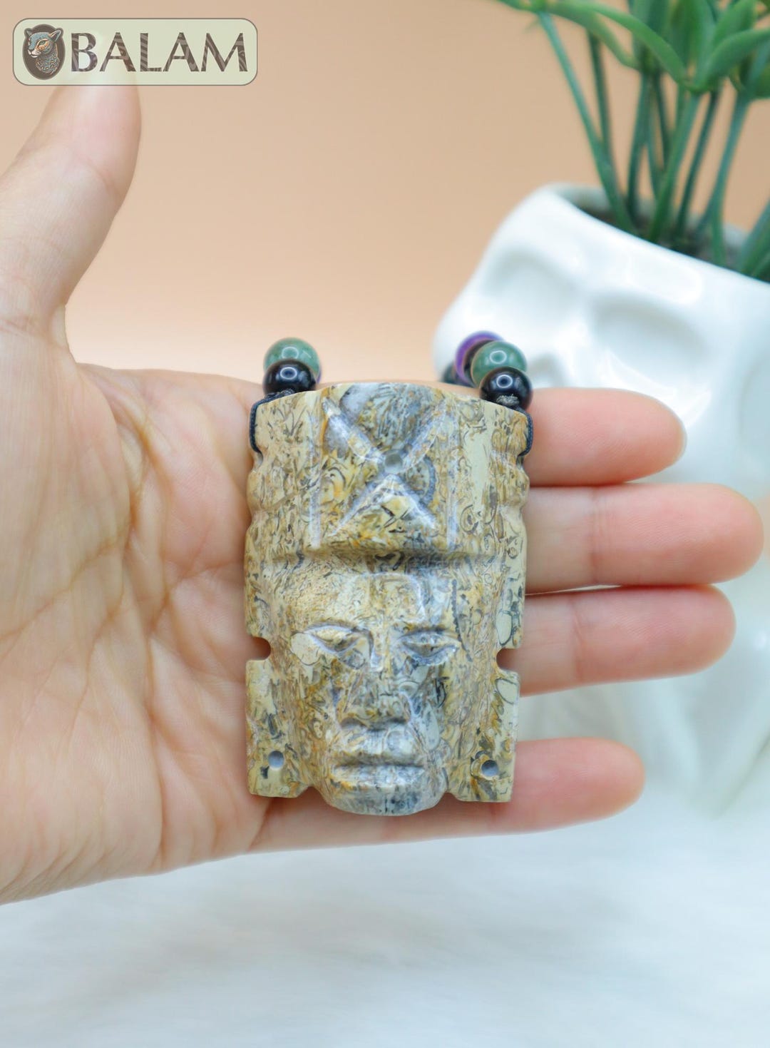 Fossil Mayan Mask Ceremonial Necklace, Aventurine and Obsidian Bead ...
