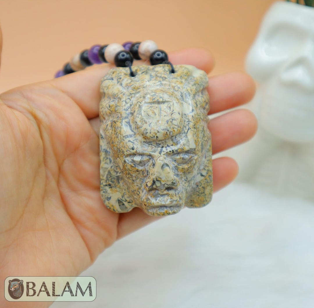Fossil Mayan Mask Ceremonial Necklace, Aventurine and Obsidian Bead ...