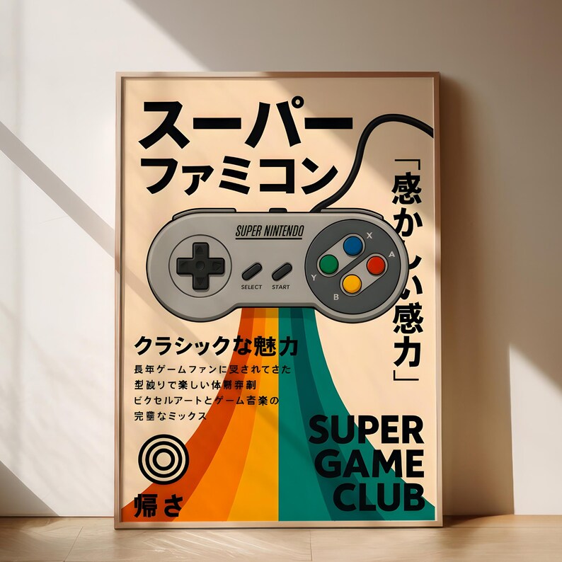 Retro Super Nintendo Poster – Japanese SNES Controller Wall Art, Gamer ...