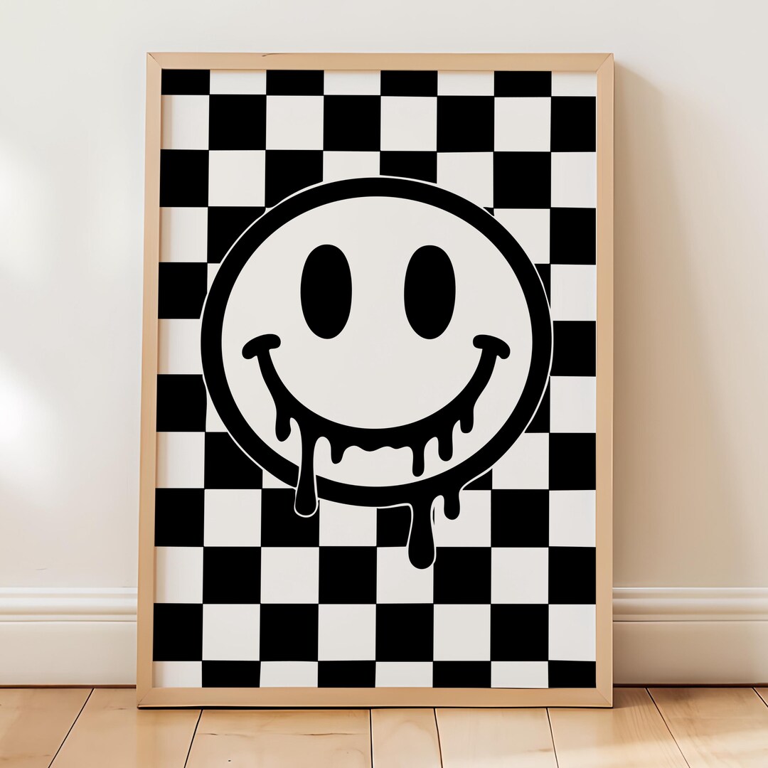 Smiley Face Checkered Poster, Wall Art, Black and White Decor for Teens ...