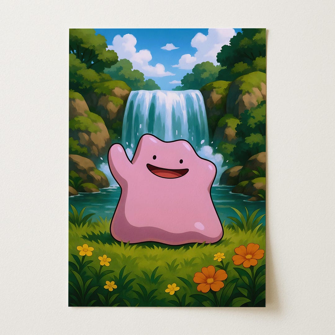 Ditto Pokémon Poster | Japanese Anime Wall Art | Waterfall Nature Print ...