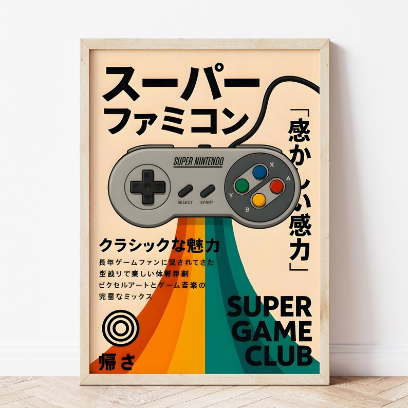 Retro Super Nintendo Poster – Japanese SNES Controller Wall Art, Gamer ...