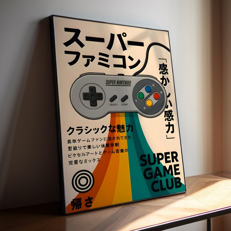 Retro Super Nintendo Poster – Japanese SNES Controller Wall Art, Gamer ...