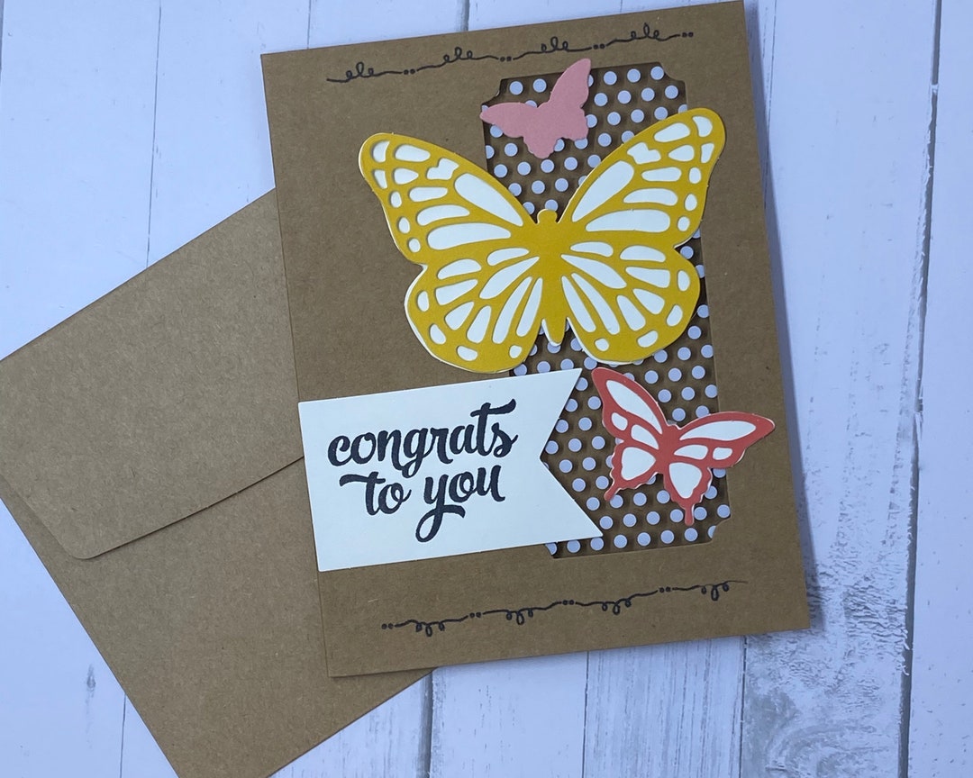 Congratulations Butterfly Greeting Card, Kraft, Pink & Yellow - Etsy