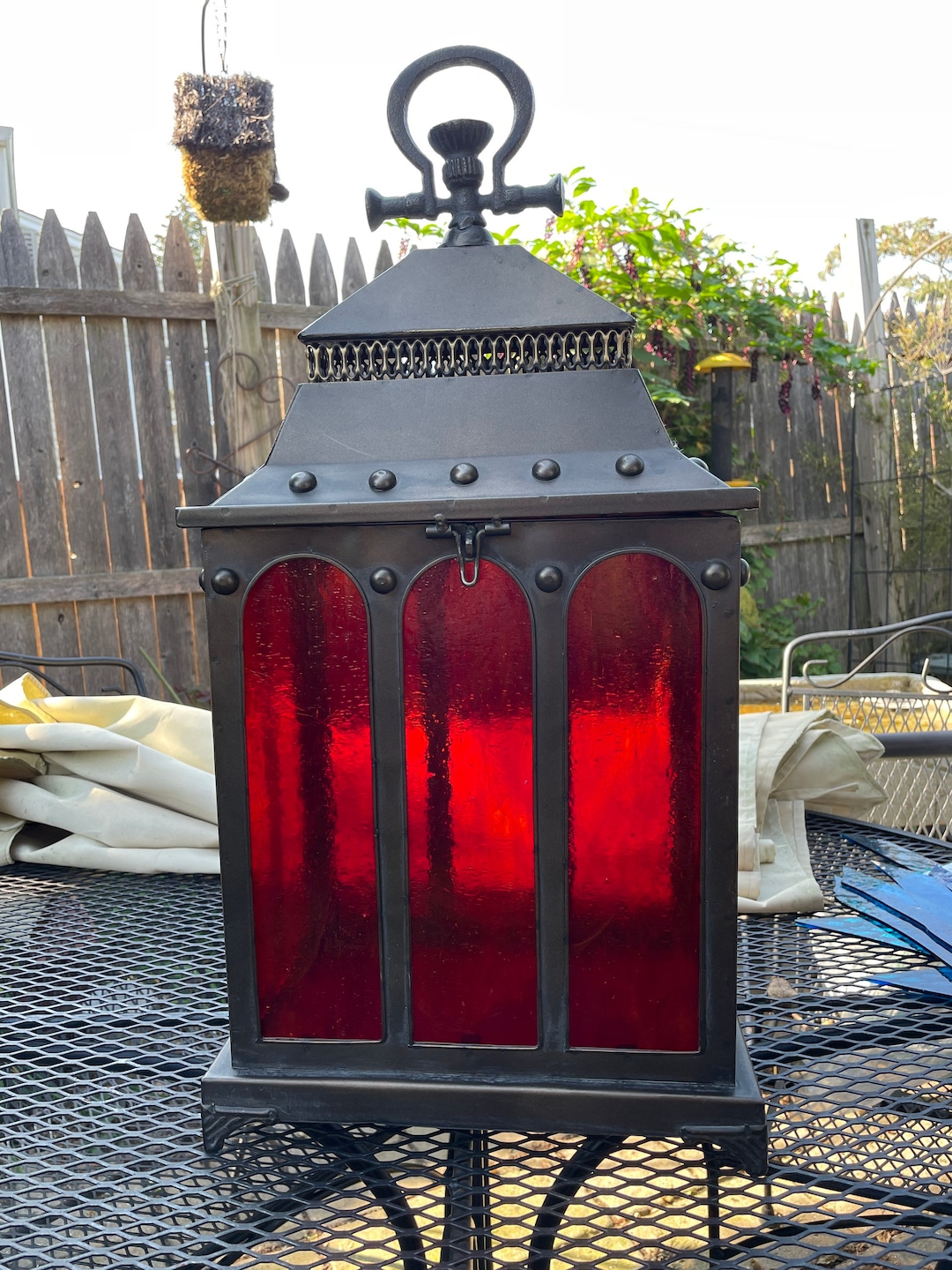 Stained Glass Lantern. Red Stained Glass. Metal Lantern. Heavy Large ...
