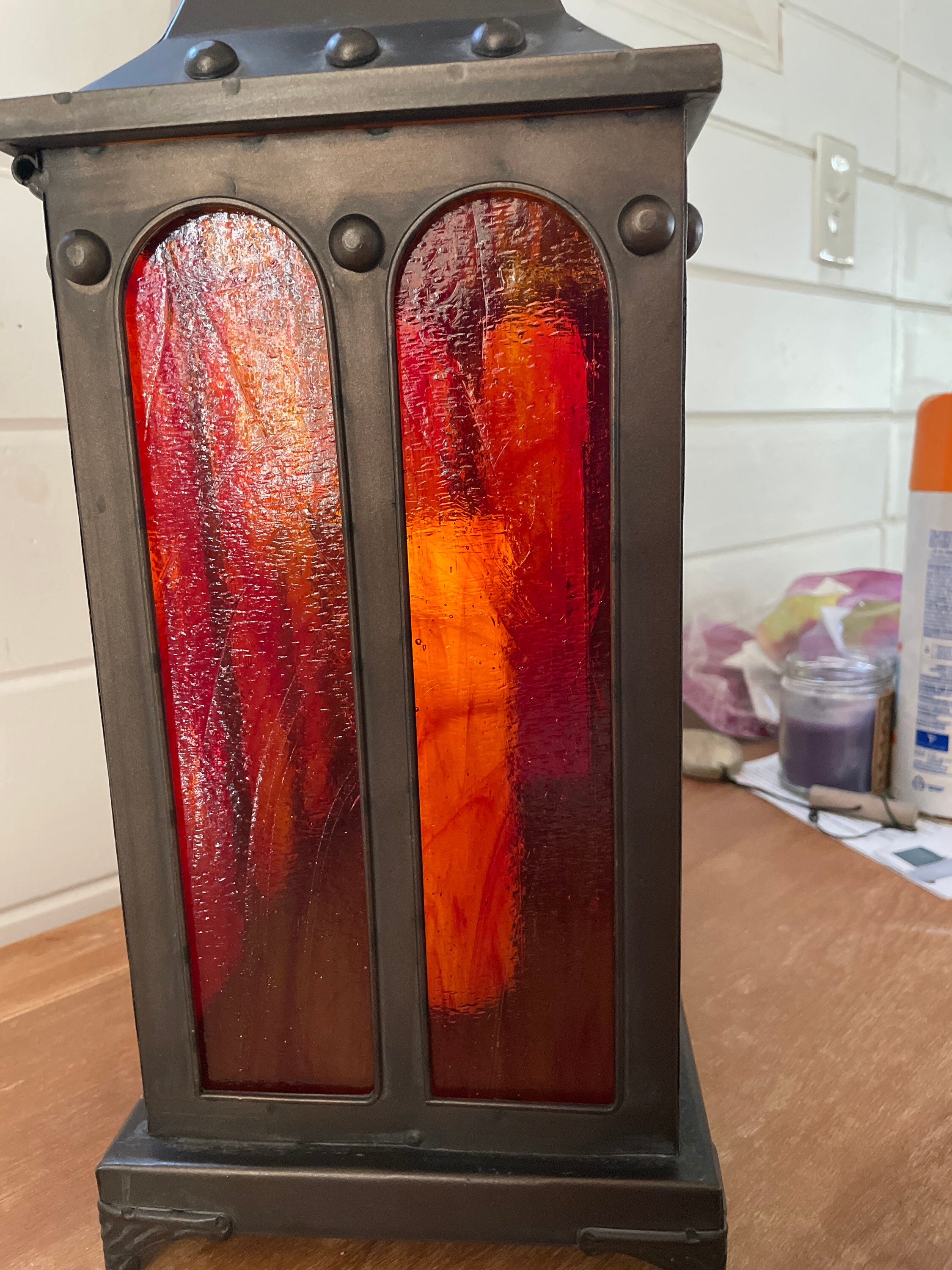 Stained Glass Lantern. Red Stained Glass. Metal Lantern. Heavy Large ...