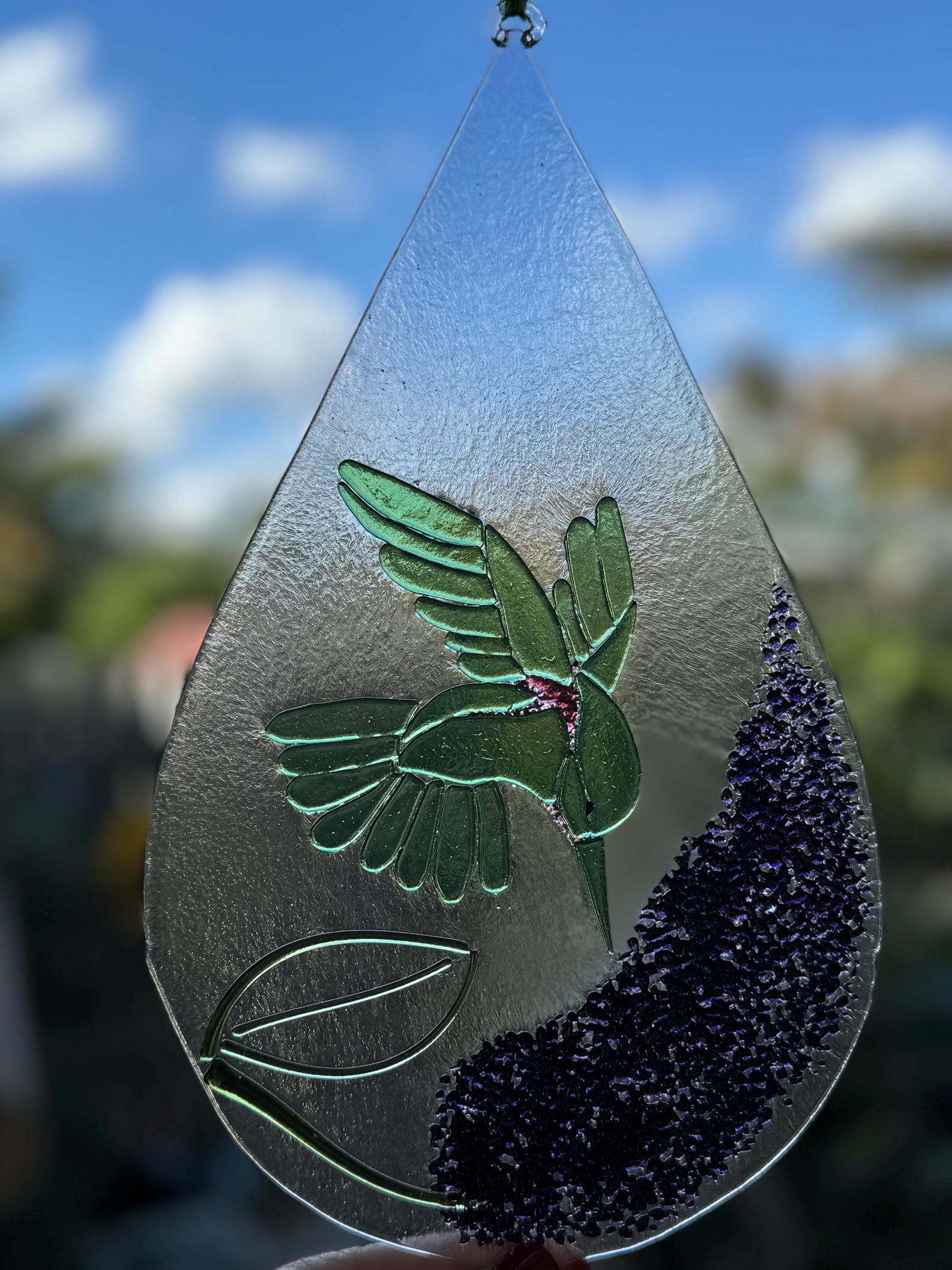 Fused Glass Hummingbird Suncatcher: Teardrop Window Art, Fused Glass ...