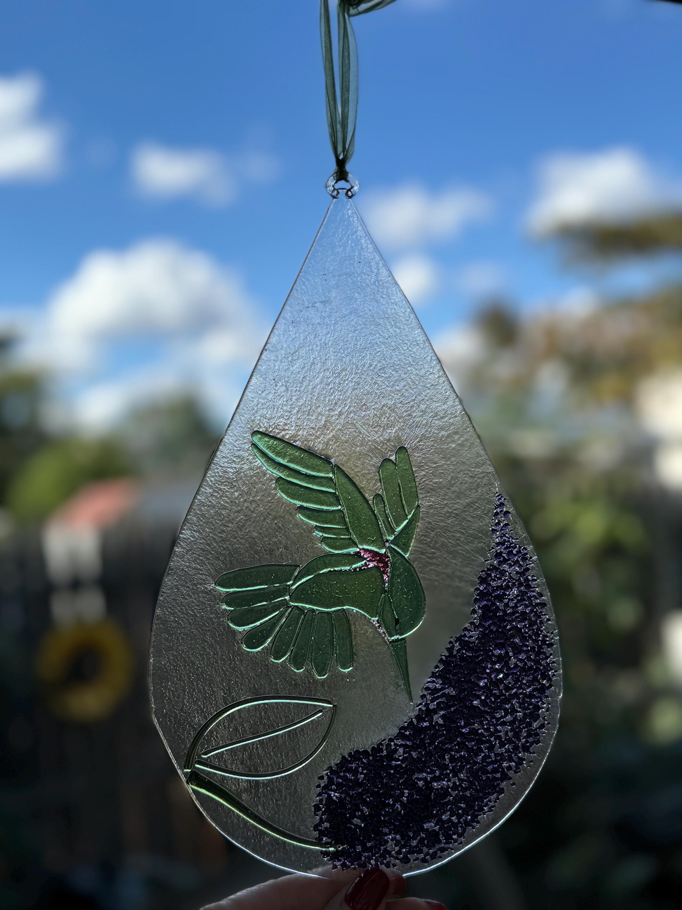 Fused Glass Hummingbird Suncatcher: Teardrop Window Art, Fused Glass ...