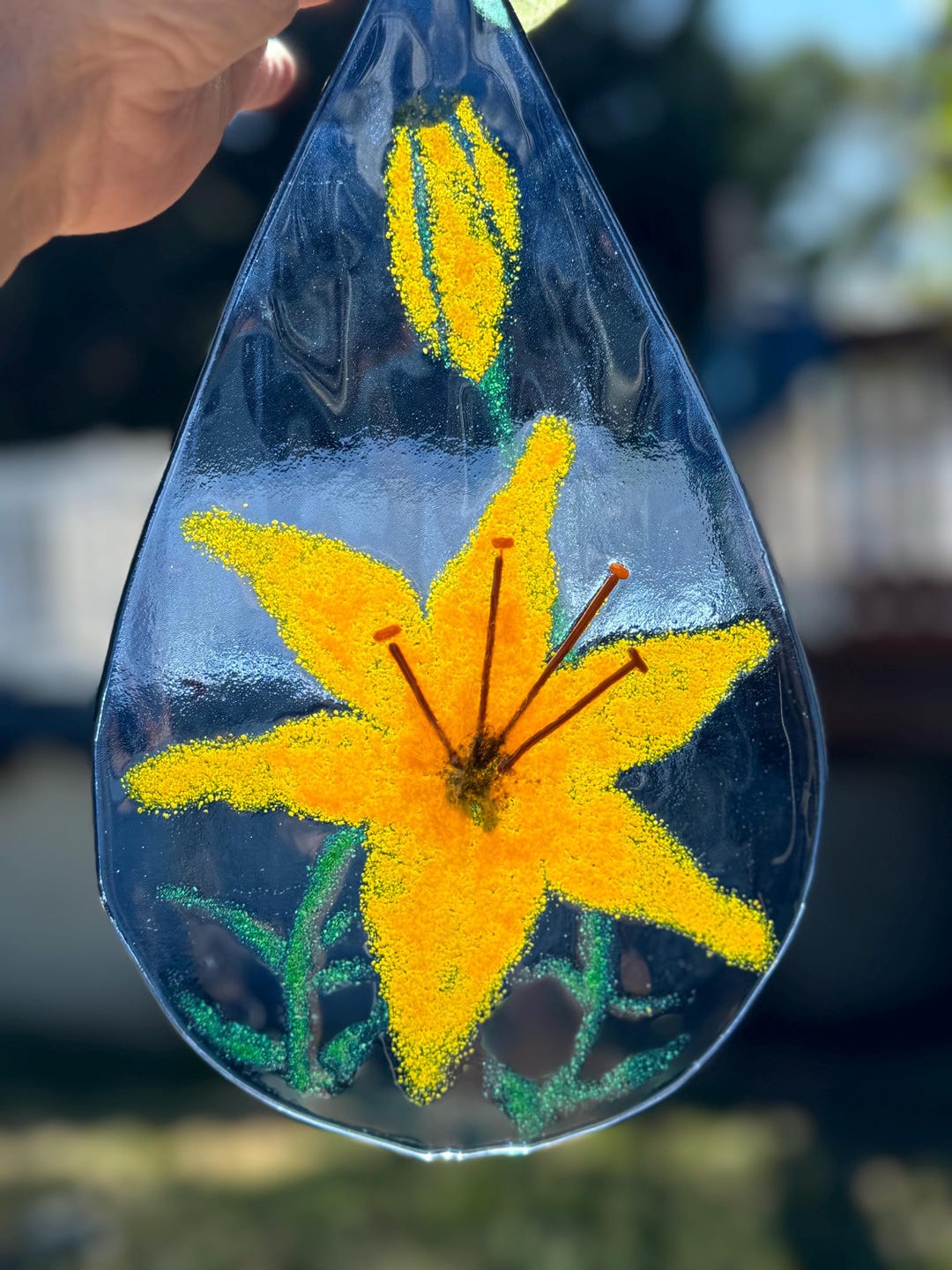 Fused Glass Suncatcher. Fused Glass Teardrop Suncatcher. Glass Day Lily ...