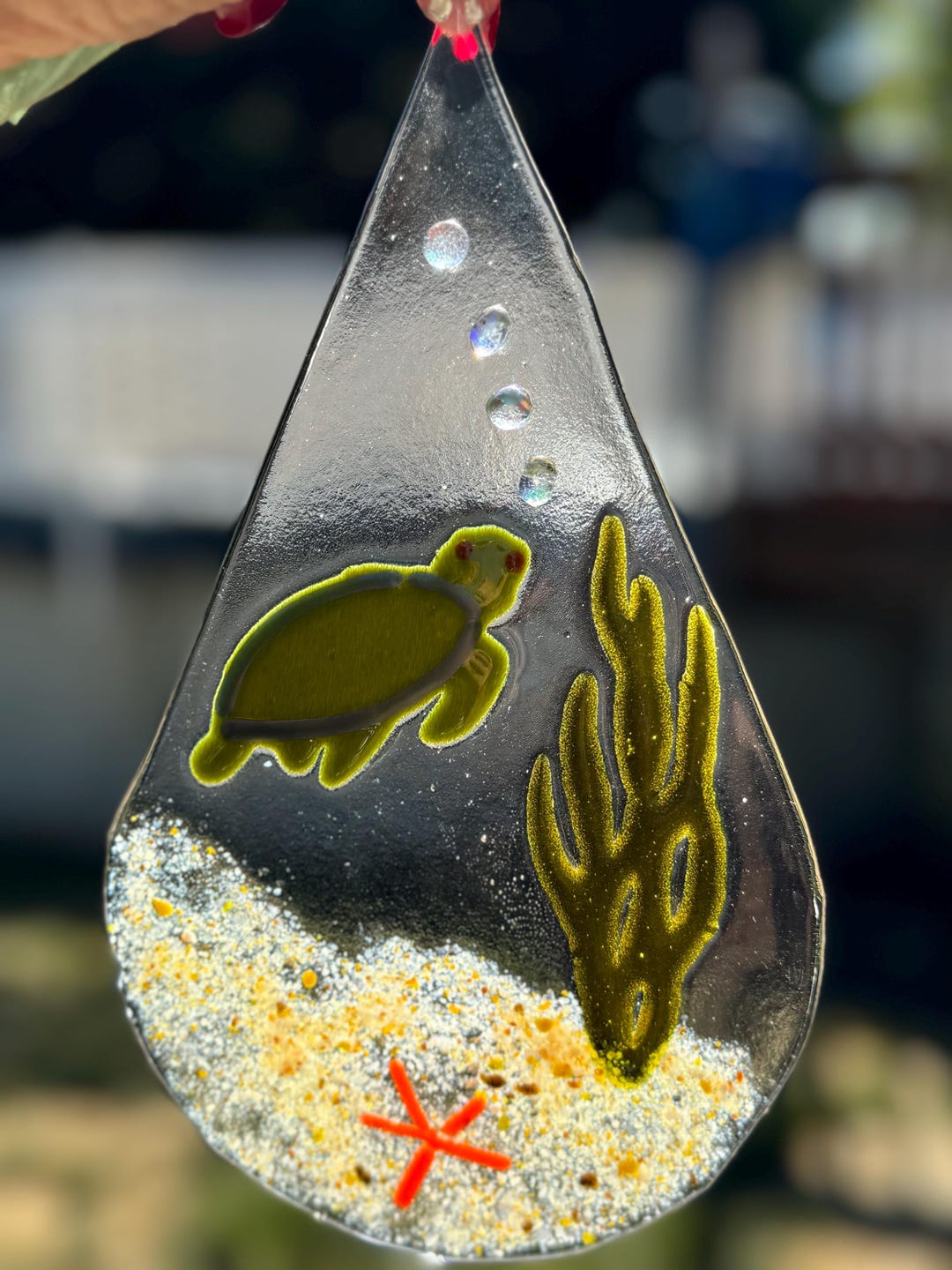 Handmade Fused Glass Turtle Suncatcher: Teardrop Window Art, Ocean Art ...
