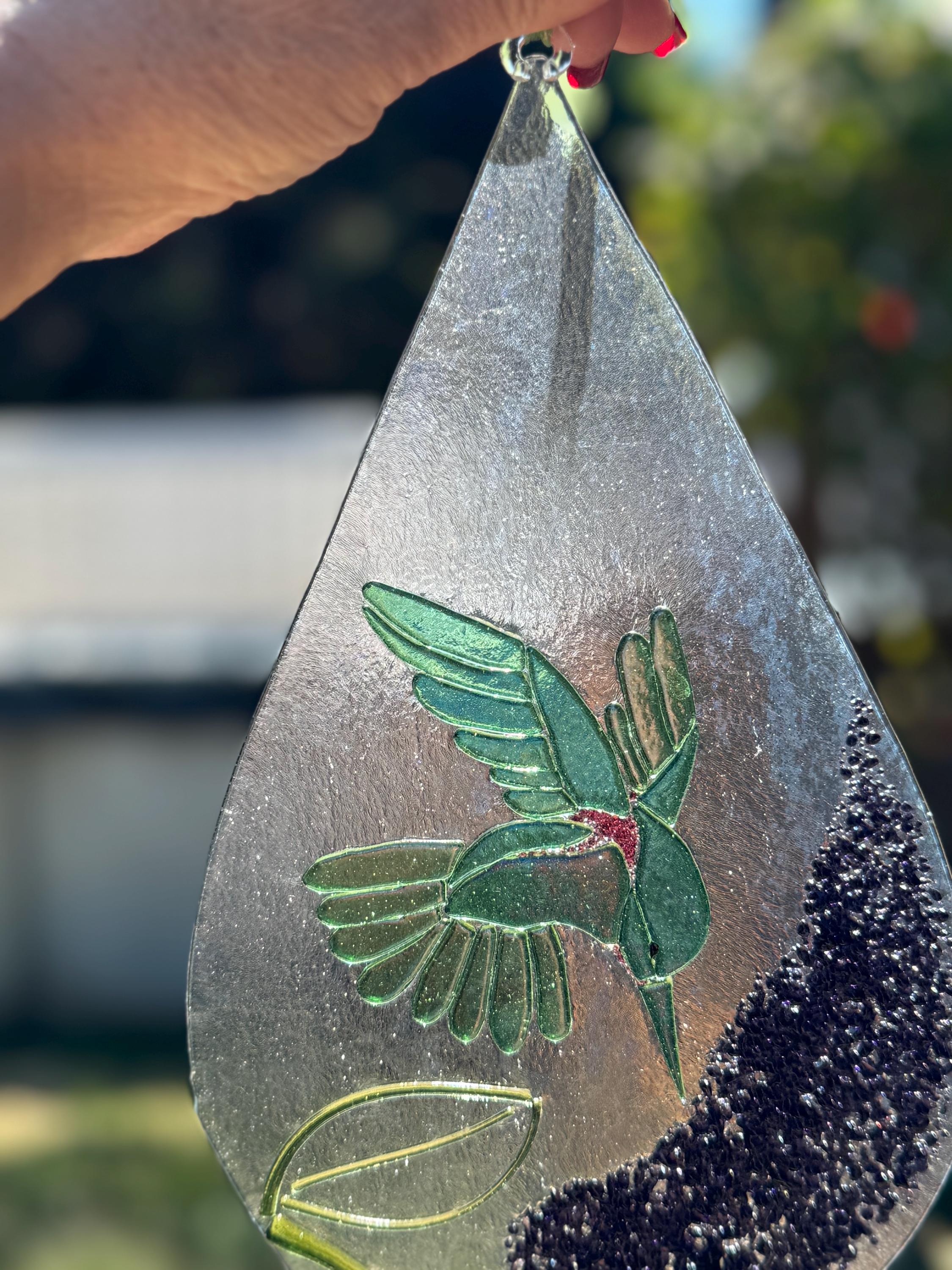 Fused Glass Hummingbird Suncatcher: Teardrop Window Art, Fused Glass ...