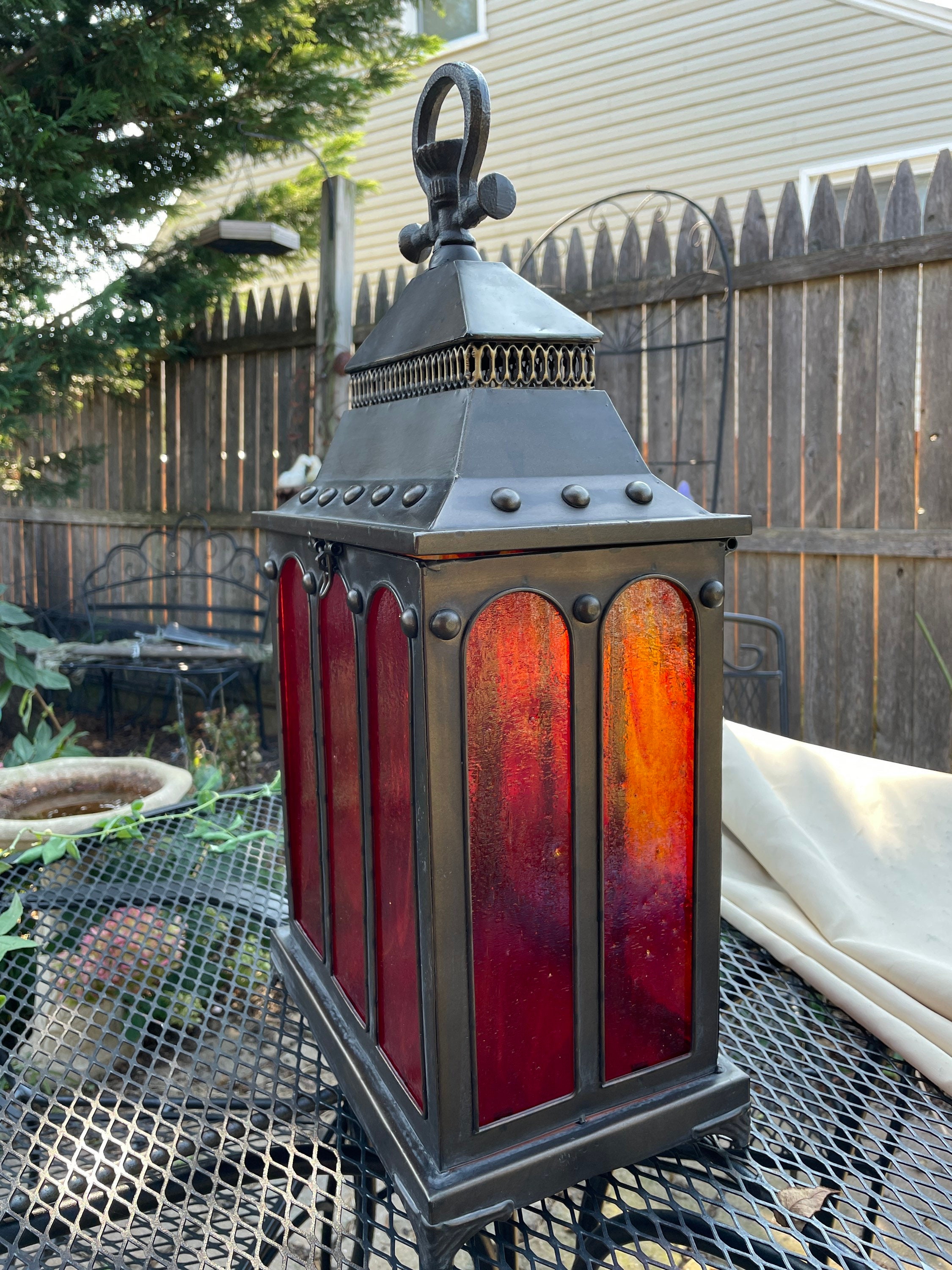 Stained Glass Lantern. Red Stained Glass. Metal Lantern. Heavy Large ...