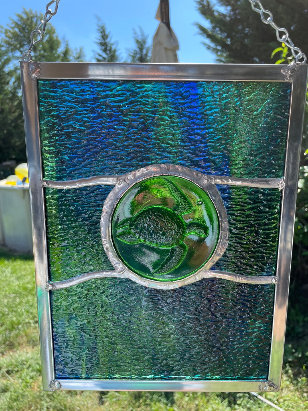 Stained Glass Panel. Stained Glass Sea Turtle. Sea Turtle in the Waves ...