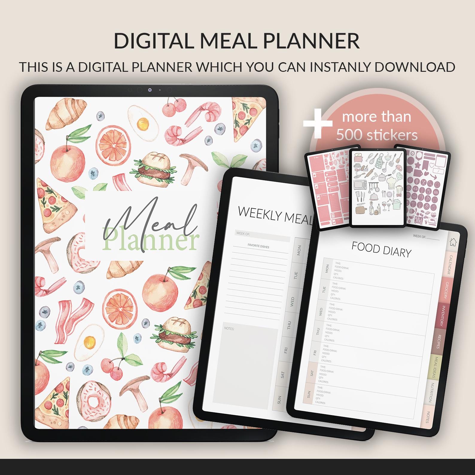 Digital Meal Planner + 500 Stickers | Weekly Meal Prep & Grocery List ...