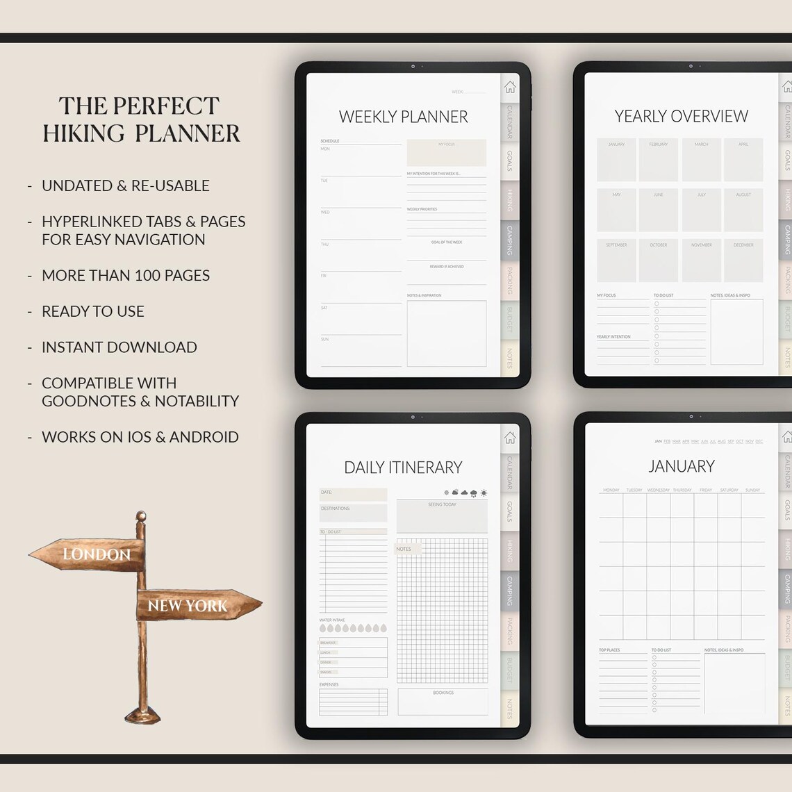 Digital Hiking Planner: Route Tracker, Gear List + 500 Stickers ...