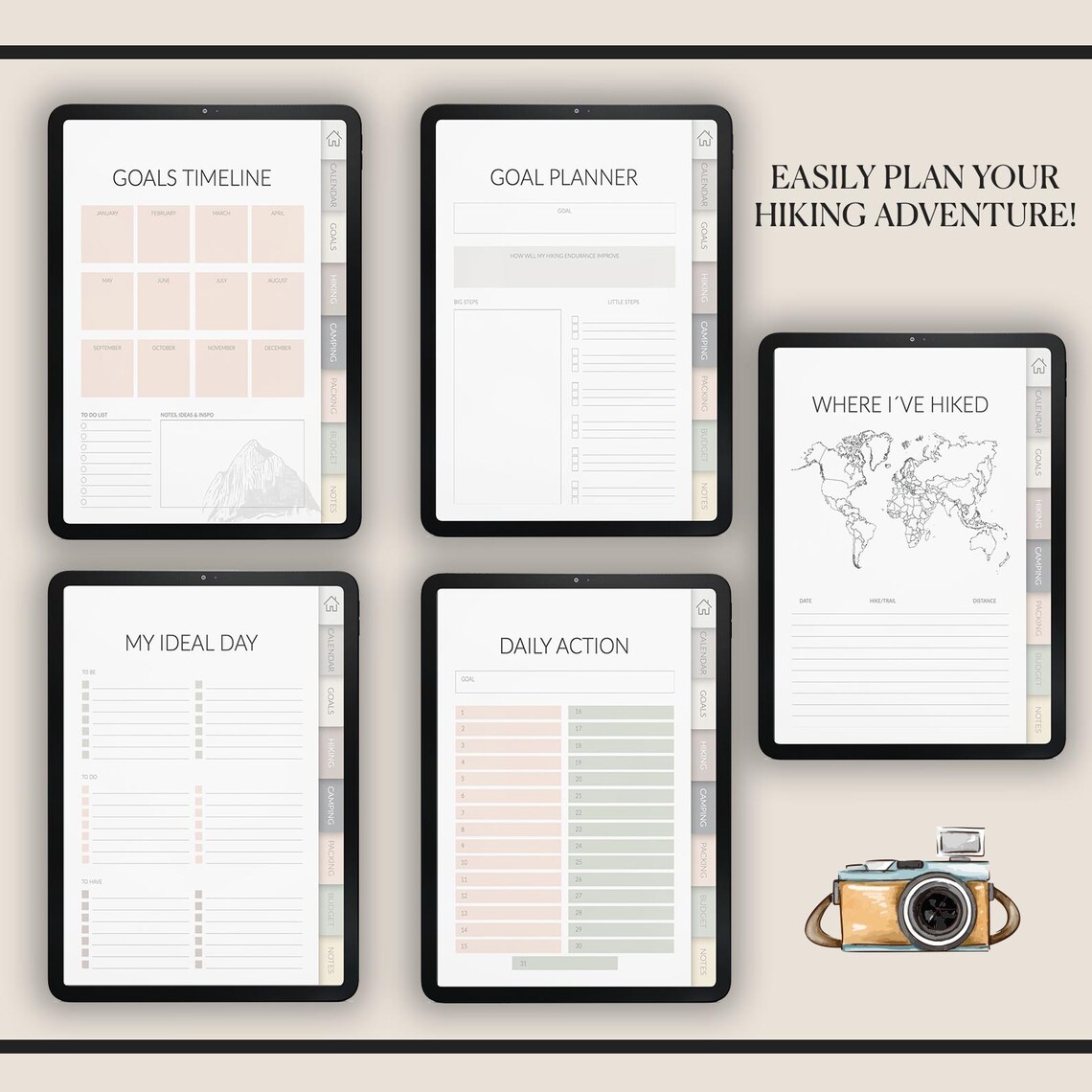 Digital Hiking Planner: Route Tracker, Gear List + 500 Stickers ...
