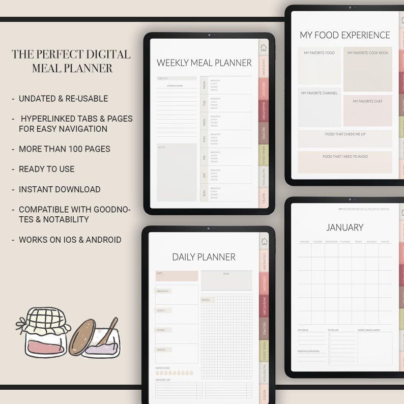 Digital Meal Planner + 500 Stickers | Weekly Meal Prep & Grocery List ...