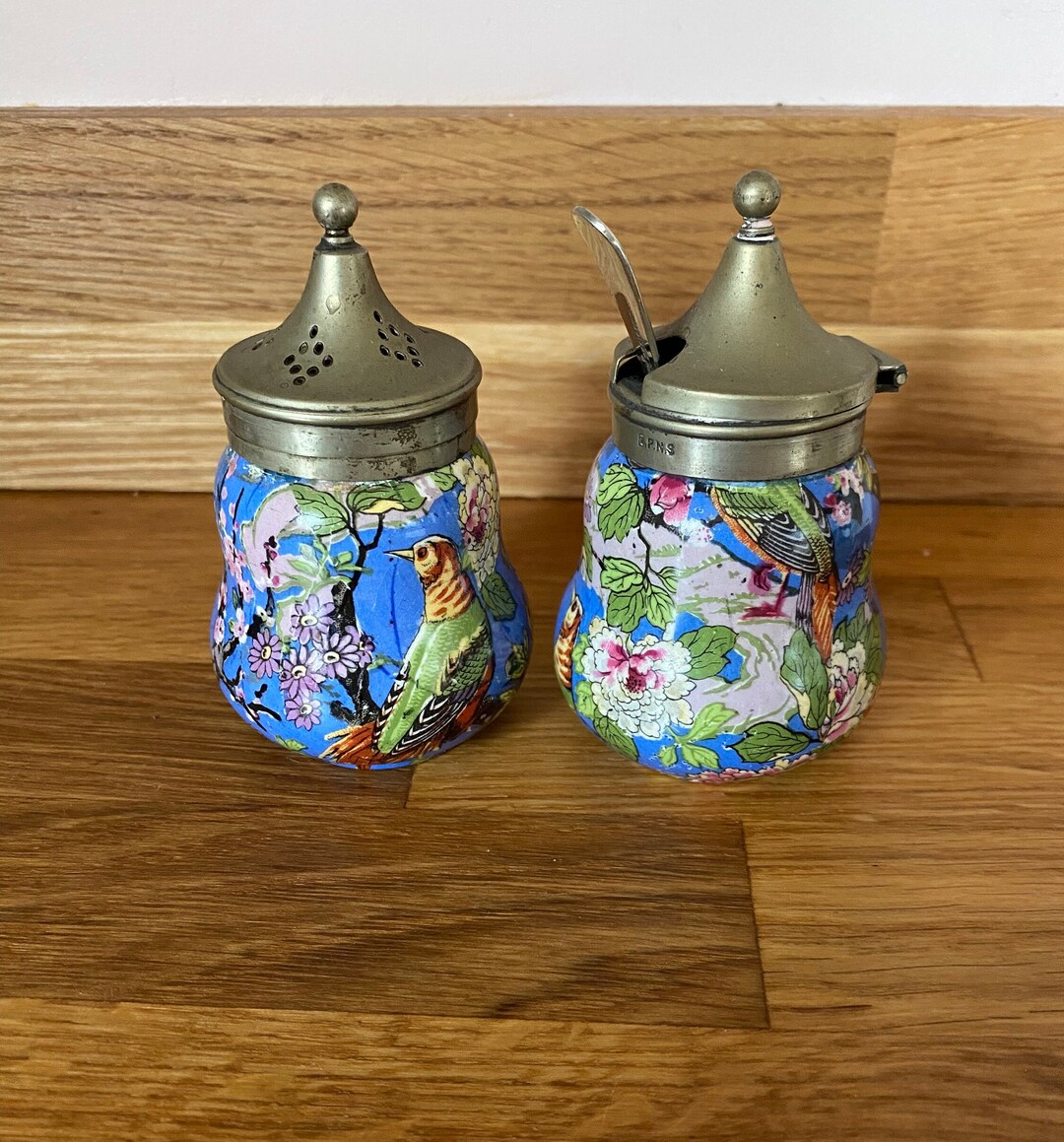 Vintage Collectable EPNS Salt and Pepper Pots, Blue Decorated Condiment ...