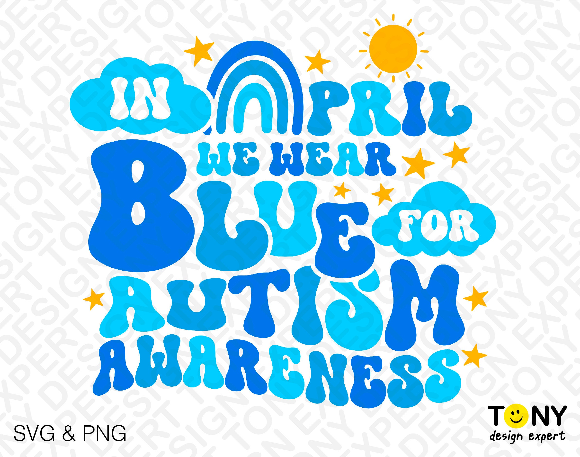 In April We Wear Blue for Autism Awareness Svg Png, Trendy Groovy Wavy ...