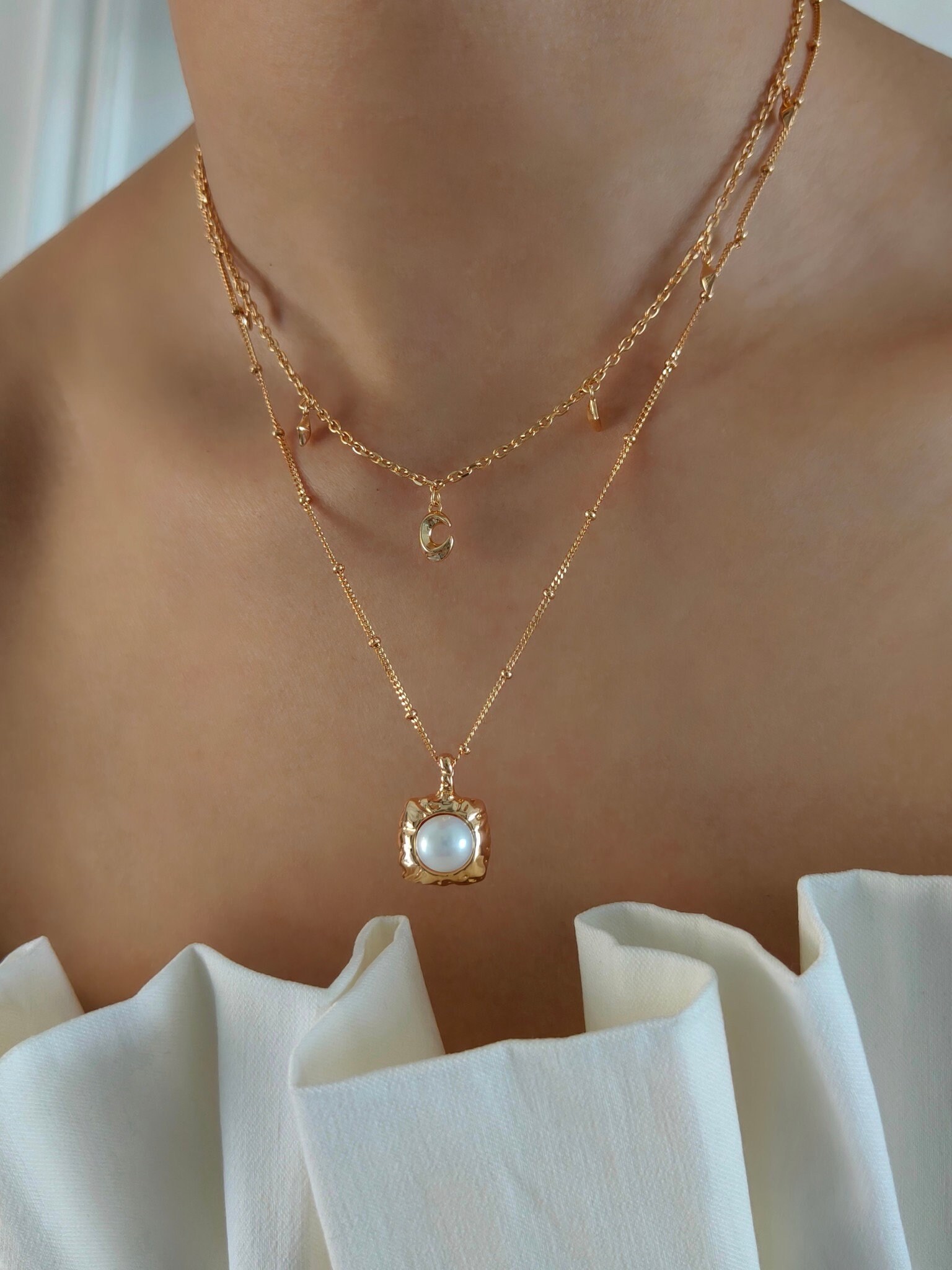 Loaf Pearl Necklace, Gold Chain Necklace, Square Baroque Pearl Necklace ...