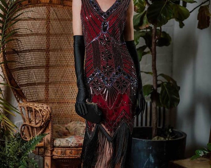 Erte Matted Print 1991 FLAPPER DANCER Red Spider Web Dress W FRINGE Sun ...