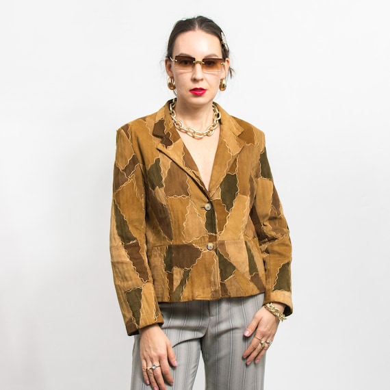 Patchwork suede leather jacket 90's Vintage retro wom… - Gem