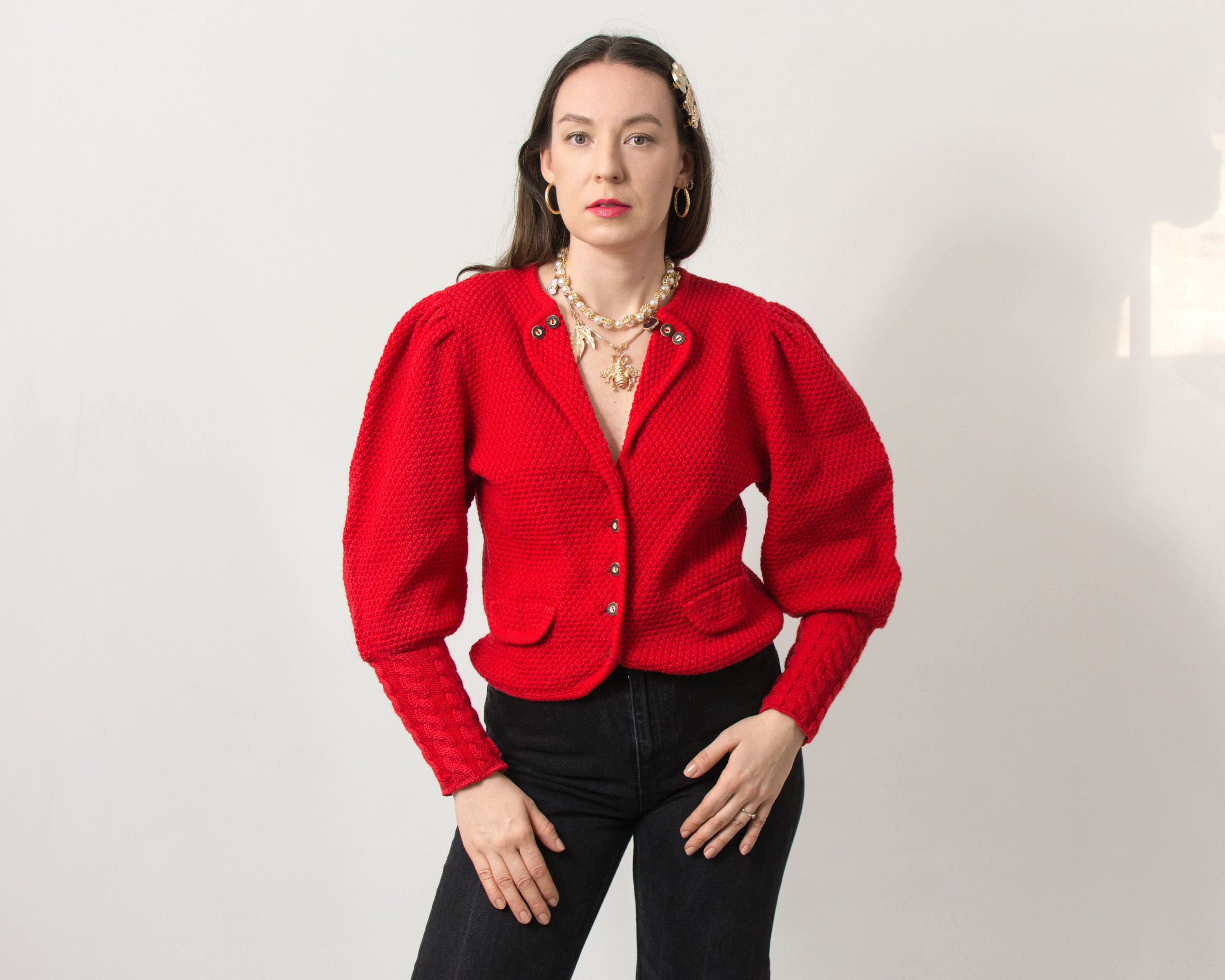 Puff Sleeve Cardigan Bavarian Red Wool Sweater Lanamoden Size M/L - Etsy