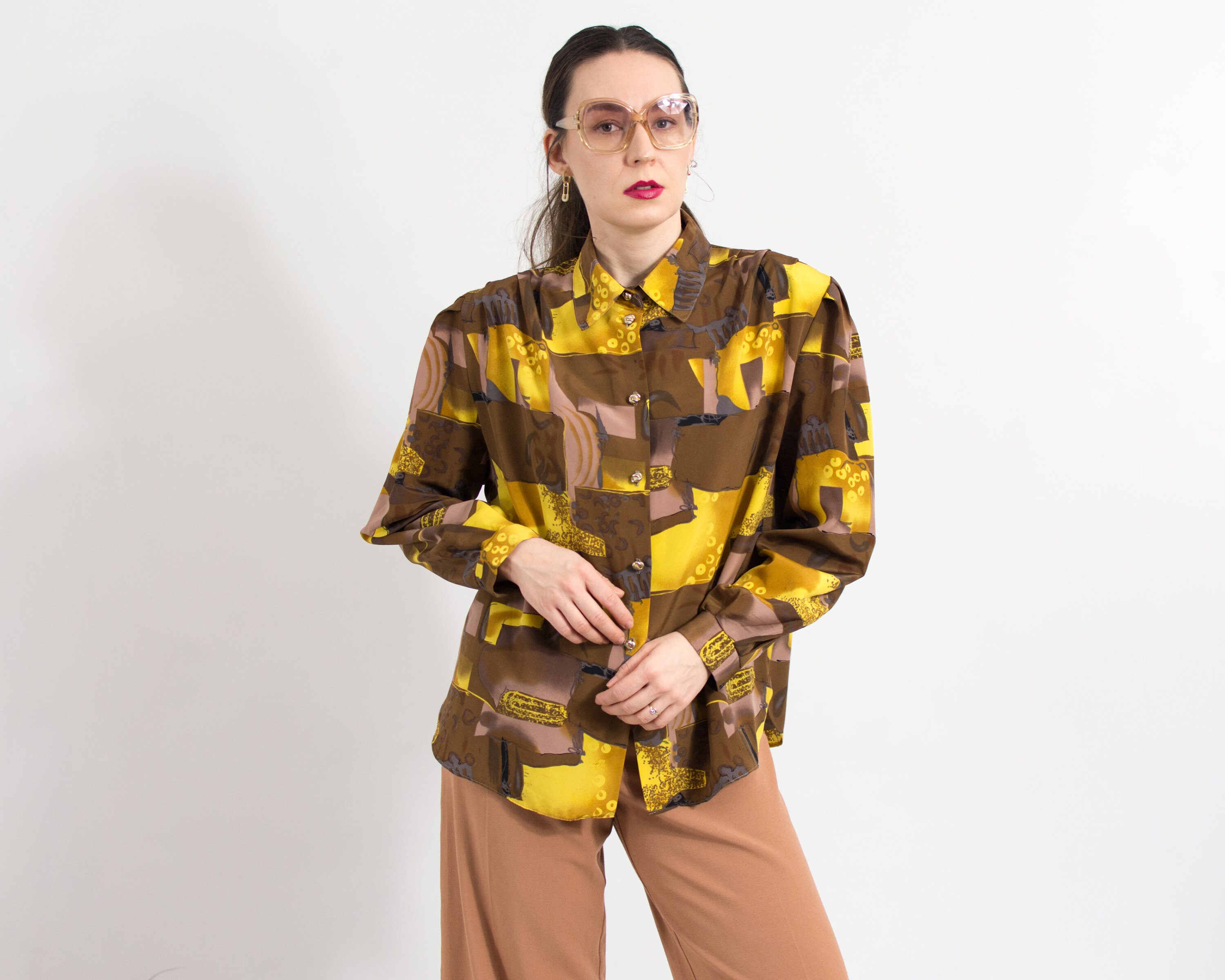 Puff Shoulder Shirt Vintage 80s Printed Mustard Brown Button - Etsy