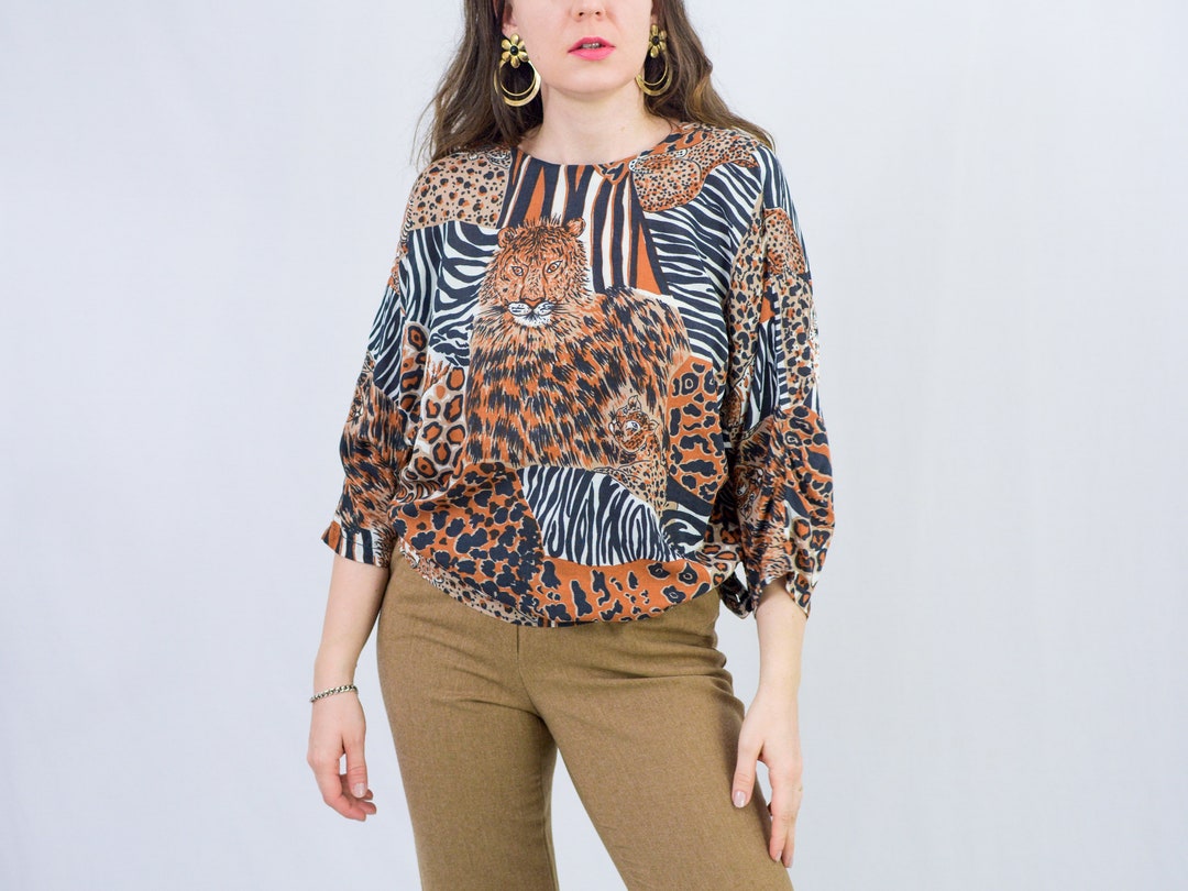 Leopard Blouse Animal Print Reglan Sleeve Shirt Vintage Oversized L-XXL ...