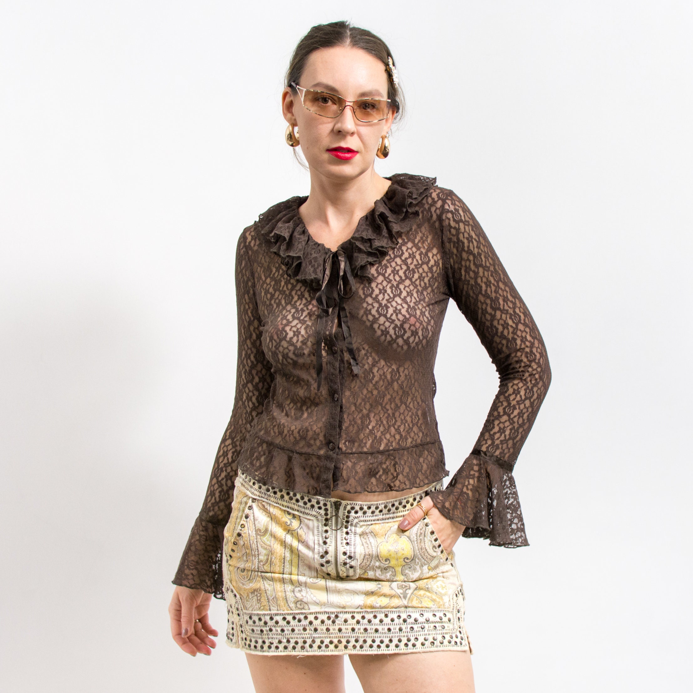Lace Shirt Ruffled Collar Vintage Sheer Brown Top Long Sleeve Women ...
