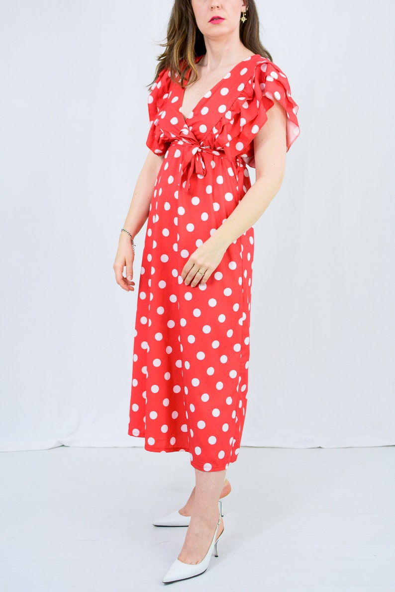 Red Dotted Dress Vintage Polka Dots Short Sleeved Empire Waist L/XL - Etsy