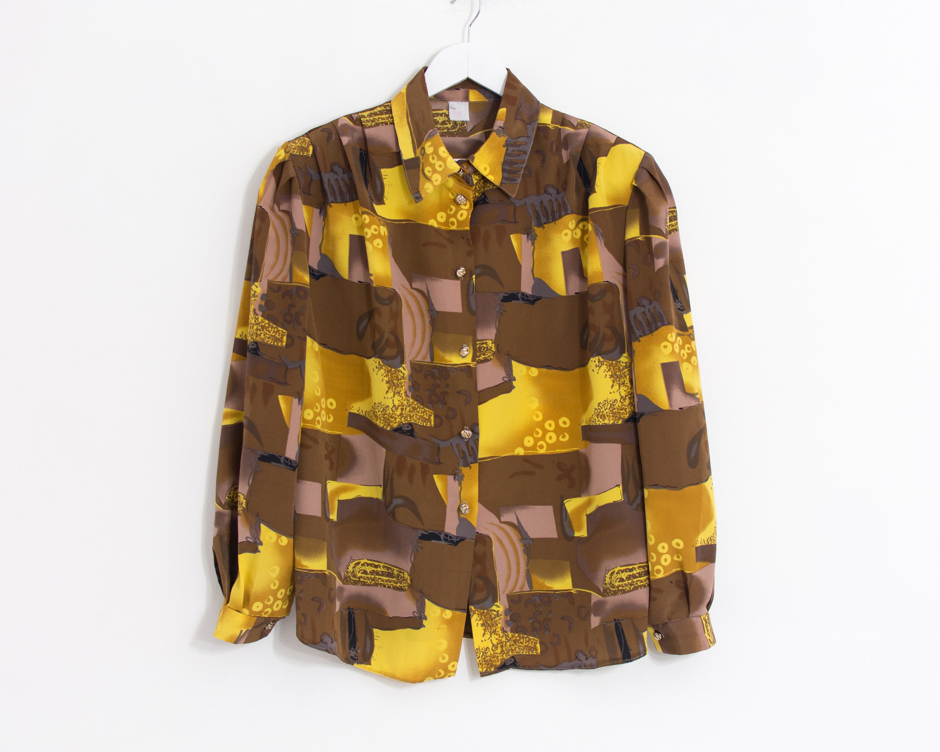 Puff Shoulder Shirt Vintage 80s Printed Mustard Brown Button - Etsy