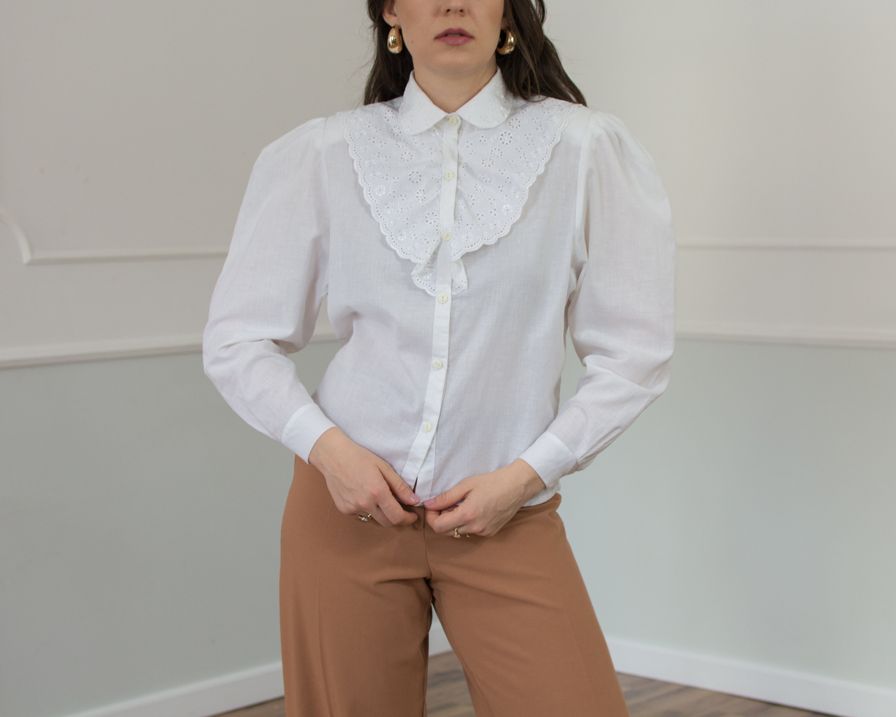 Vintage Minimalist White Shirt Laced Blouse Puffy Sleeve Women Large - Etsy