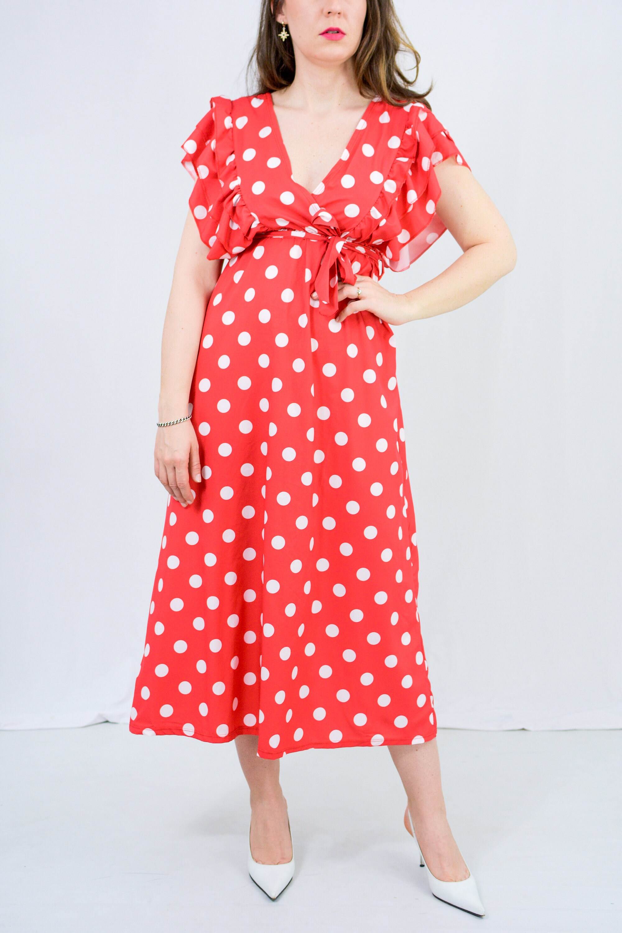 Red Dotted Dress Vintage Polka Dots Short Sleeved Empire Waist L/XL - Etsy