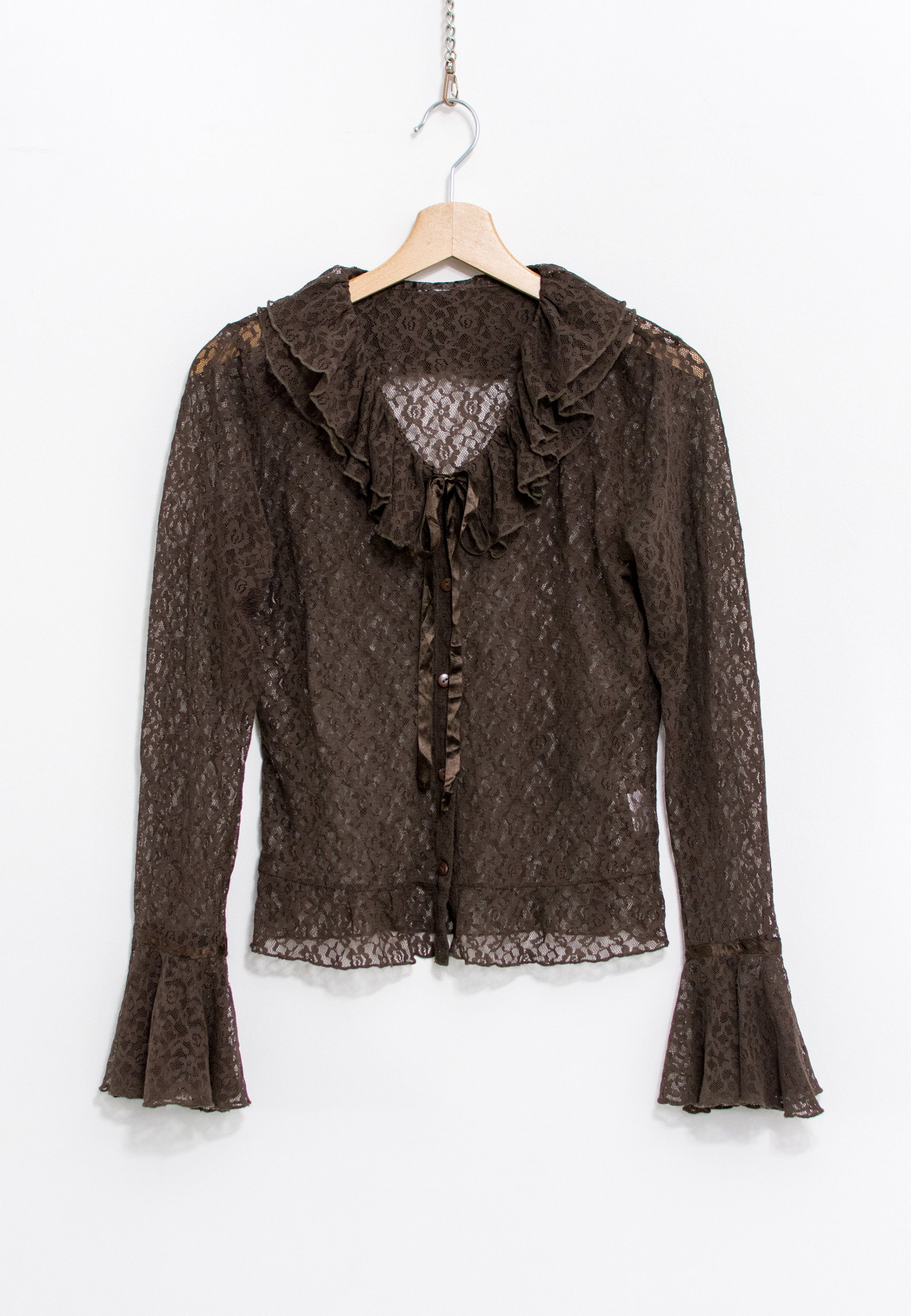 Lace Shirt Ruffled Collar Vintage Sheer Brown Top Long Sleeve Women ...