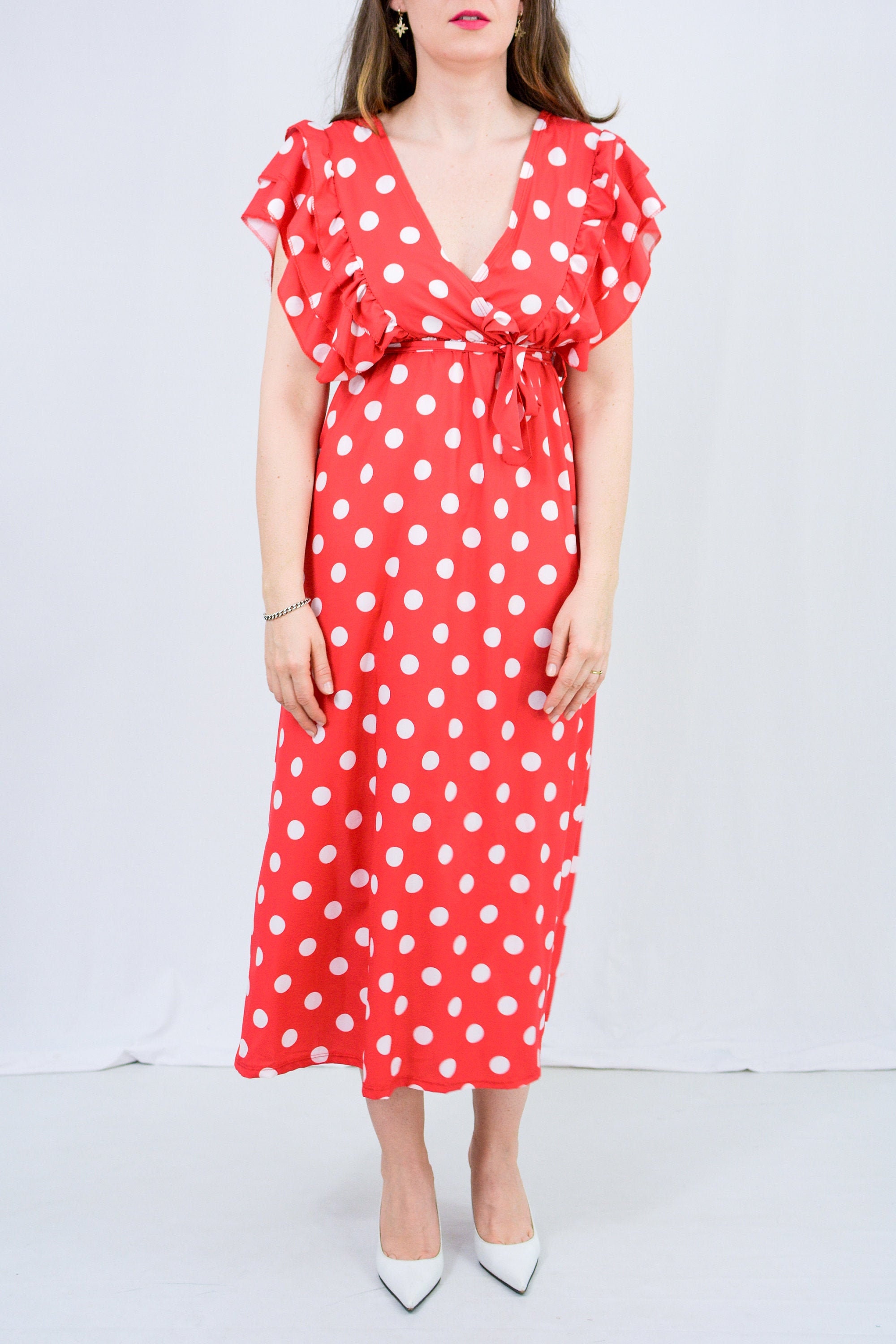 Red Dotted Dress Vintage Polka Dots Short Sleeved Empire Waist L/XL - Etsy