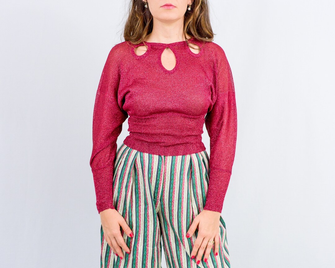 Red Party Top Vintage 90s Brocade Metallic Bright Blouse Women Long ...