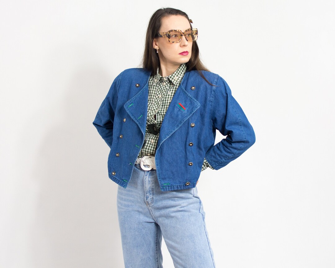 80s Denim Jacket Double Breasted Blue Jean Cropped Women Size M - Etsy