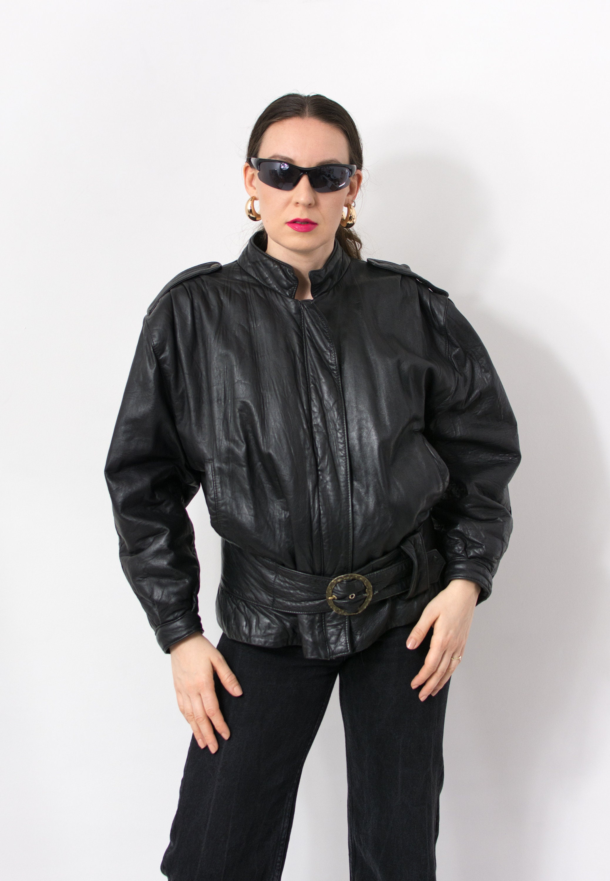 80s Vintage Leather Bomber Jacket Black Oversized Women Size L - Etsy