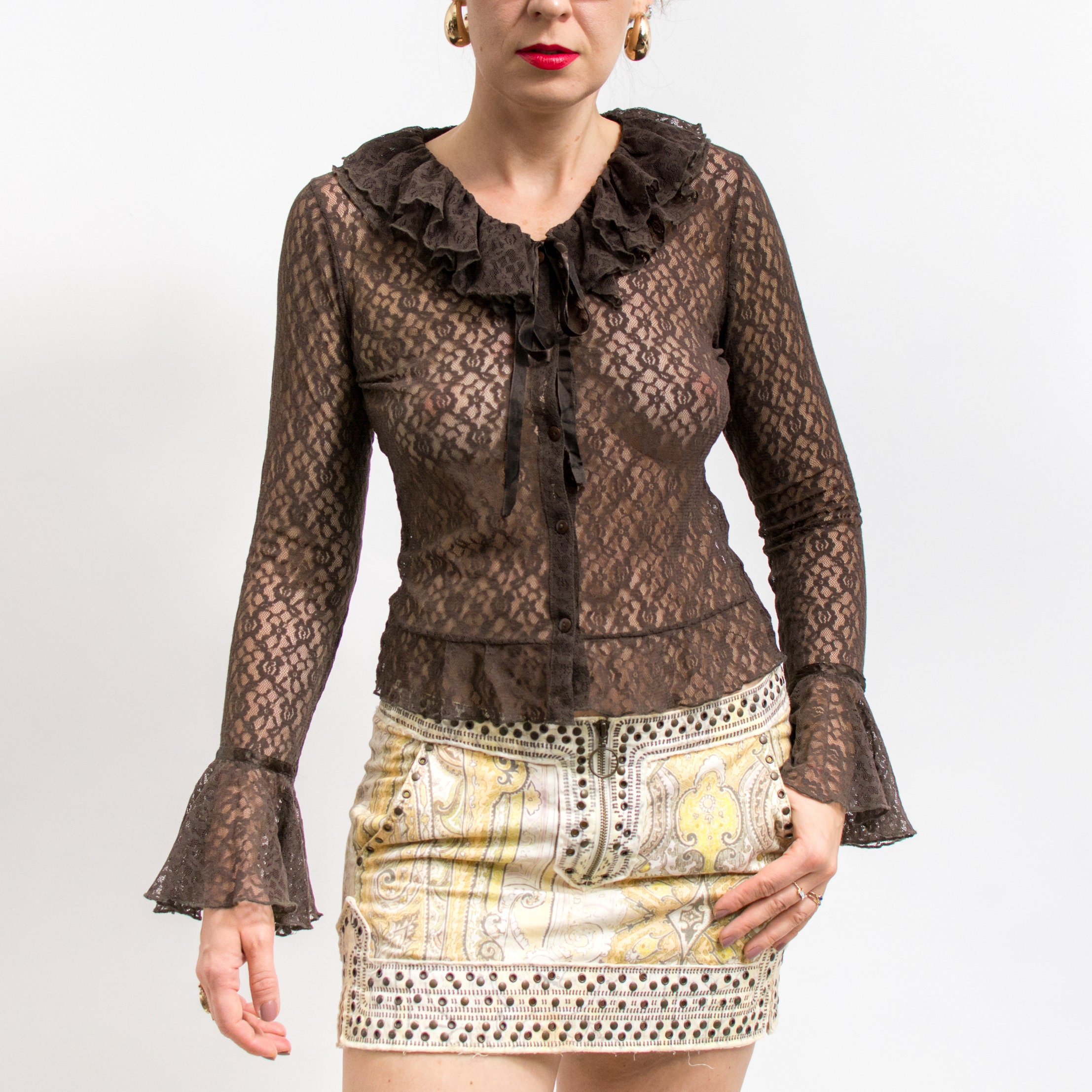 Lace Shirt Ruffled Collar Vintage Sheer Brown Top Long Sleeve Women ...