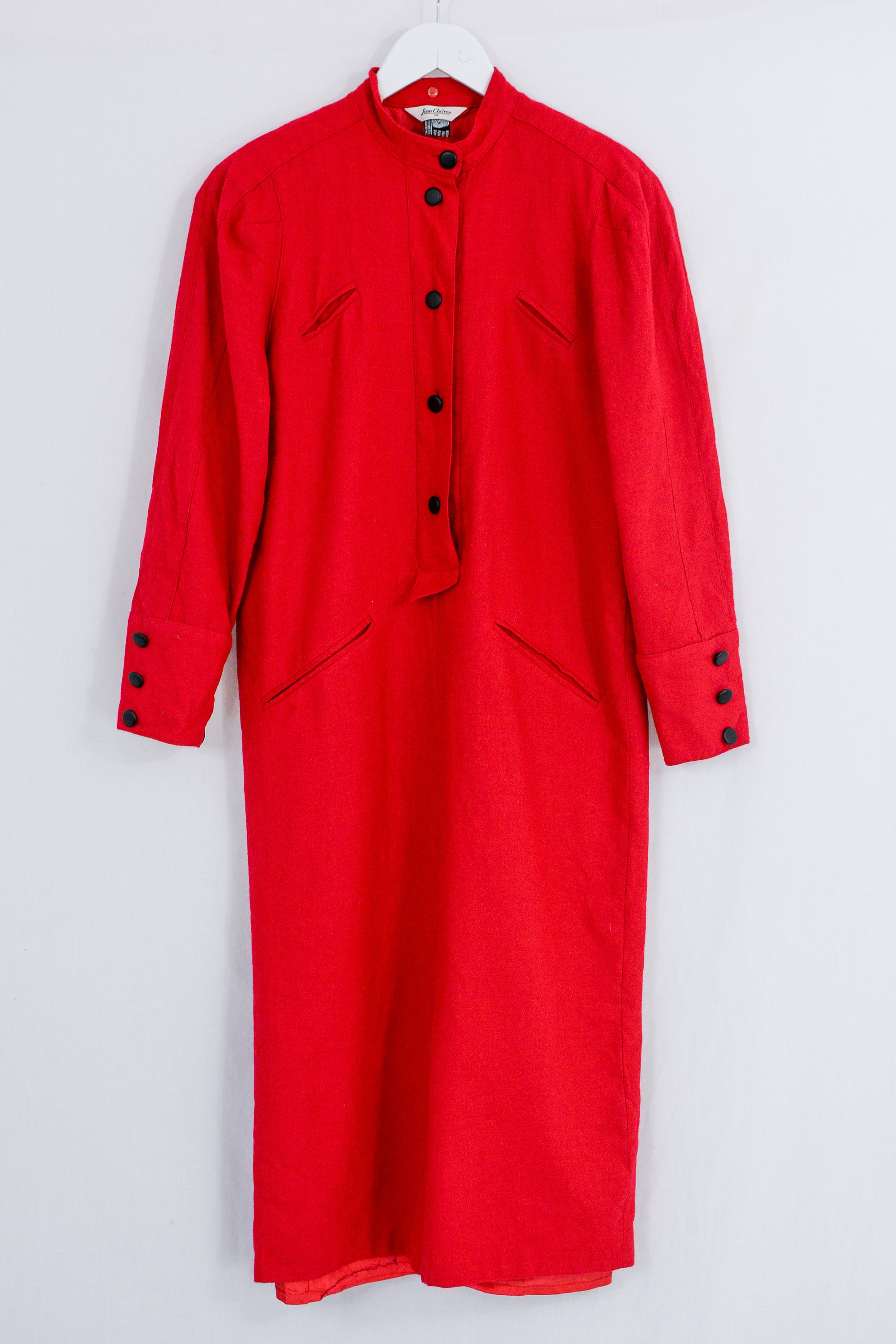 Red Wool Dress Vintage Long Sleeve Button up Mini Jean Claire Padded ...