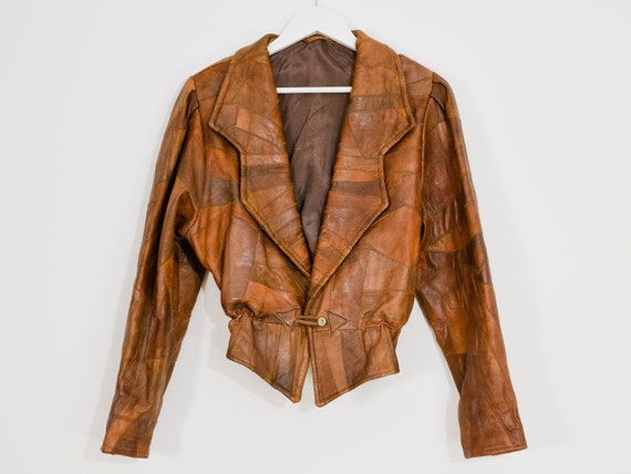Patchwork leather jacket vintage 80s caramel cropped … - Gem