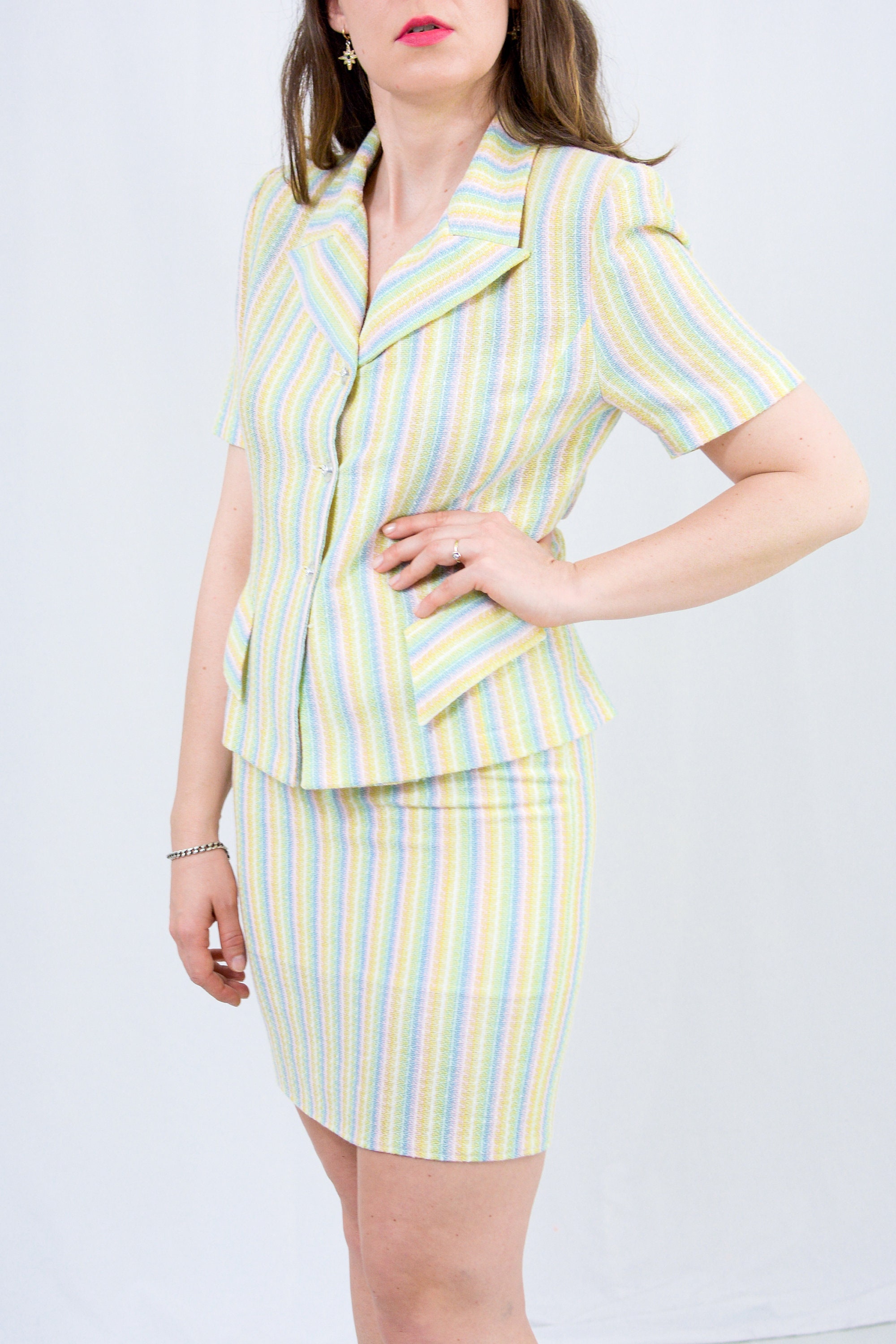 Rainbow Skirt Suit Vintage 90s Striped Blazer Secretary Two Piece Set ...